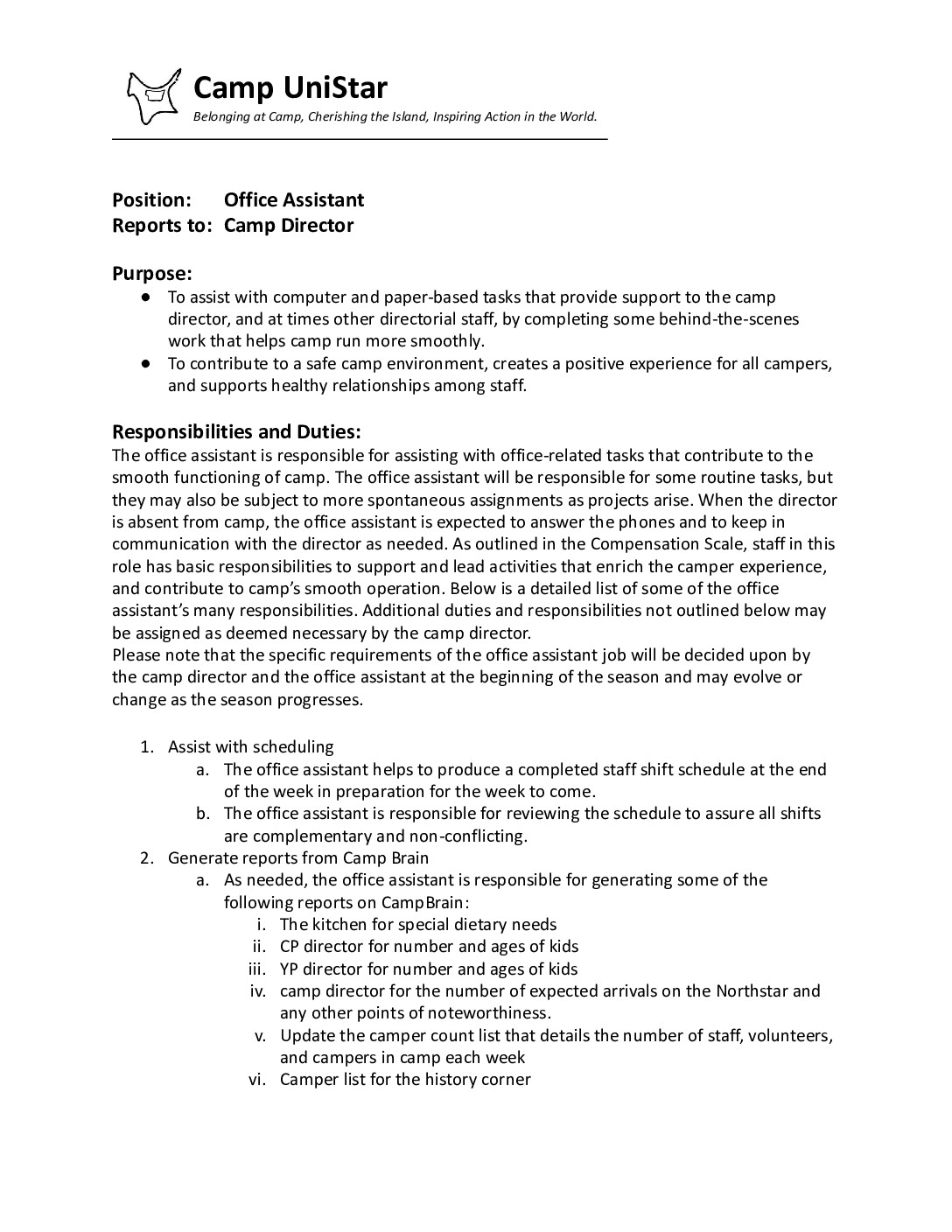 Office Assistant Job Description 2023 | Camp Unistar